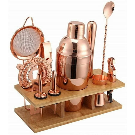 Cocktail Shaker Set Cocktail Mixing Set with Wooden Stand, Stainless ...
