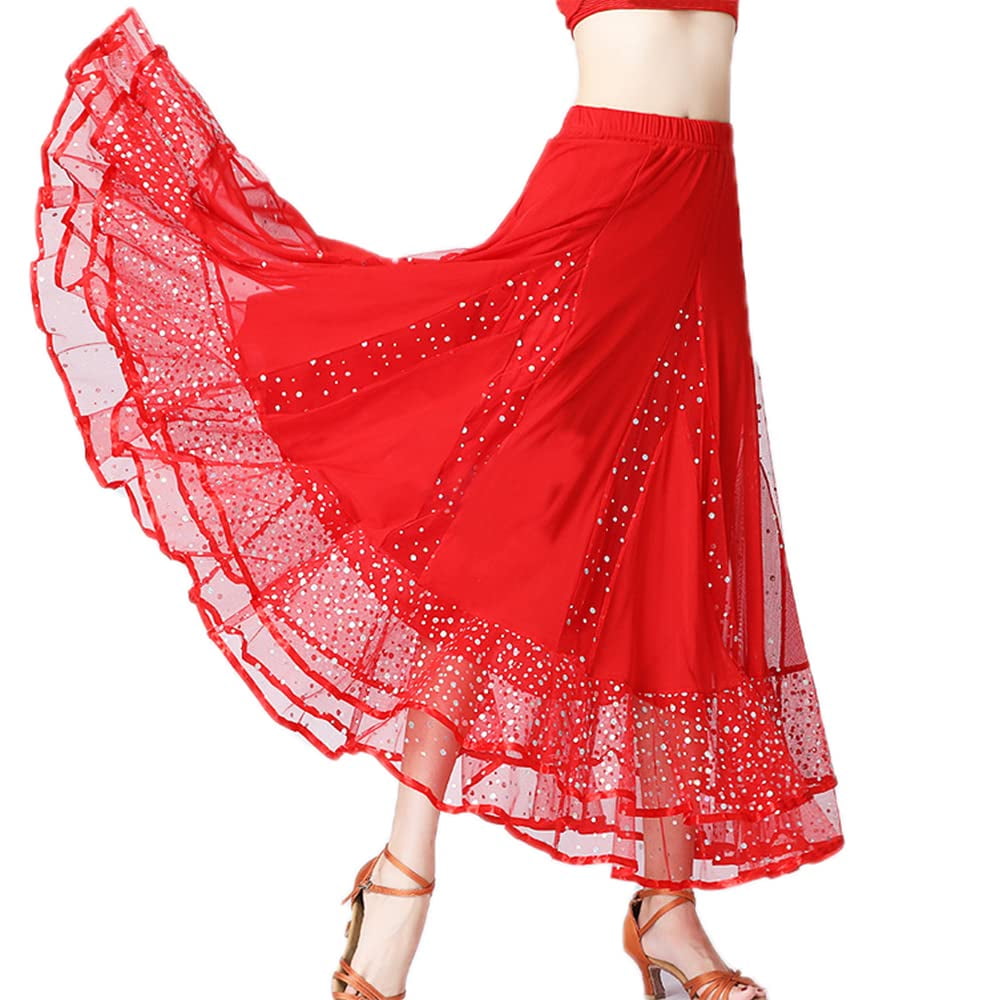 YM YOUMU Women Sequins Mesh Ruffle Ballroom Latin Dance Skirt Elastic ...