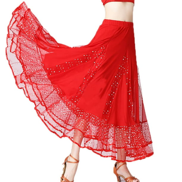 YM YOUMU Women Sequins Mesh Ruffle Ballroom Latin Dance Skirt Elastic ...