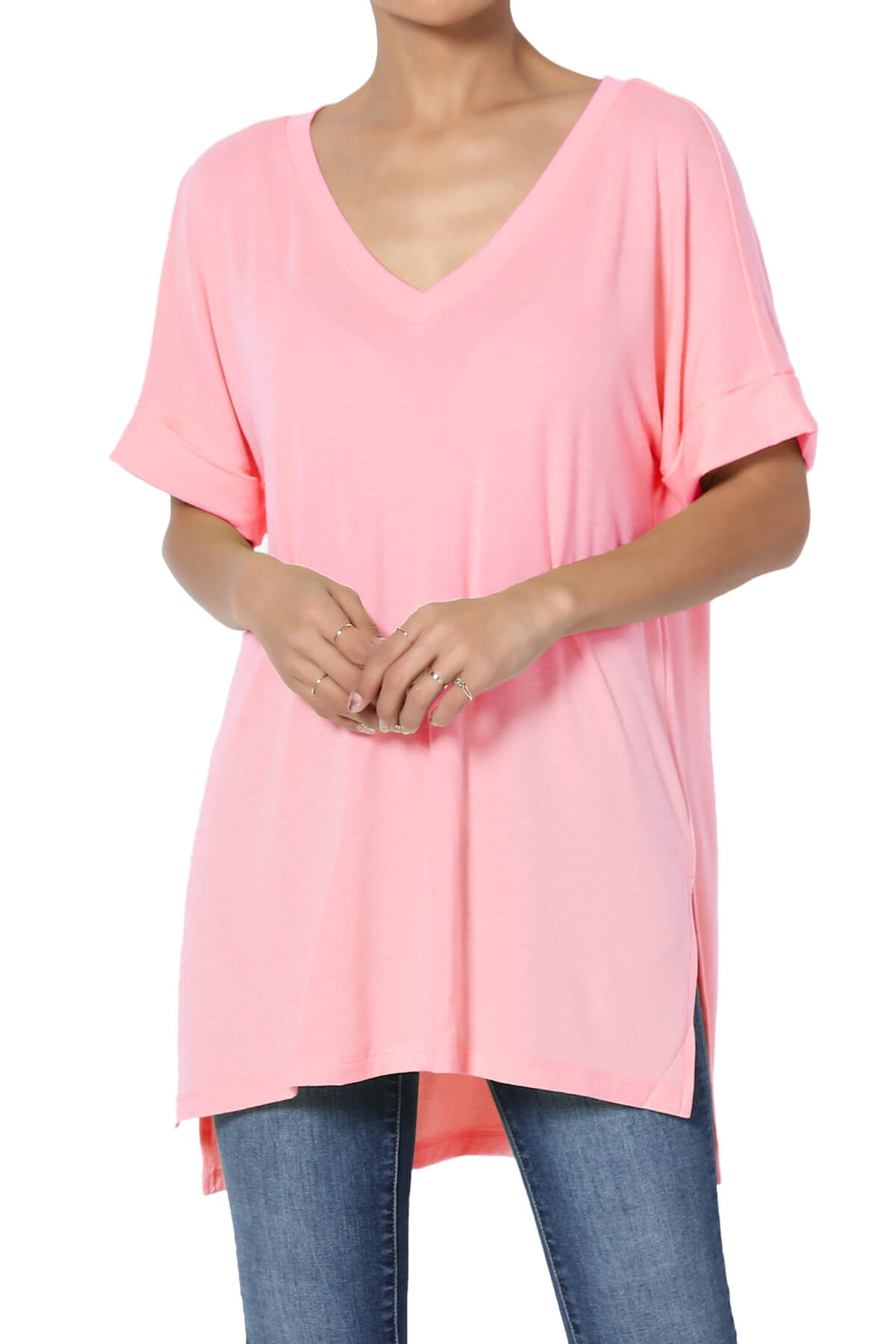 Women's Summer Casual V-Neck Rolled Short Sleeve Hi-Low Side Slit Tunic ...