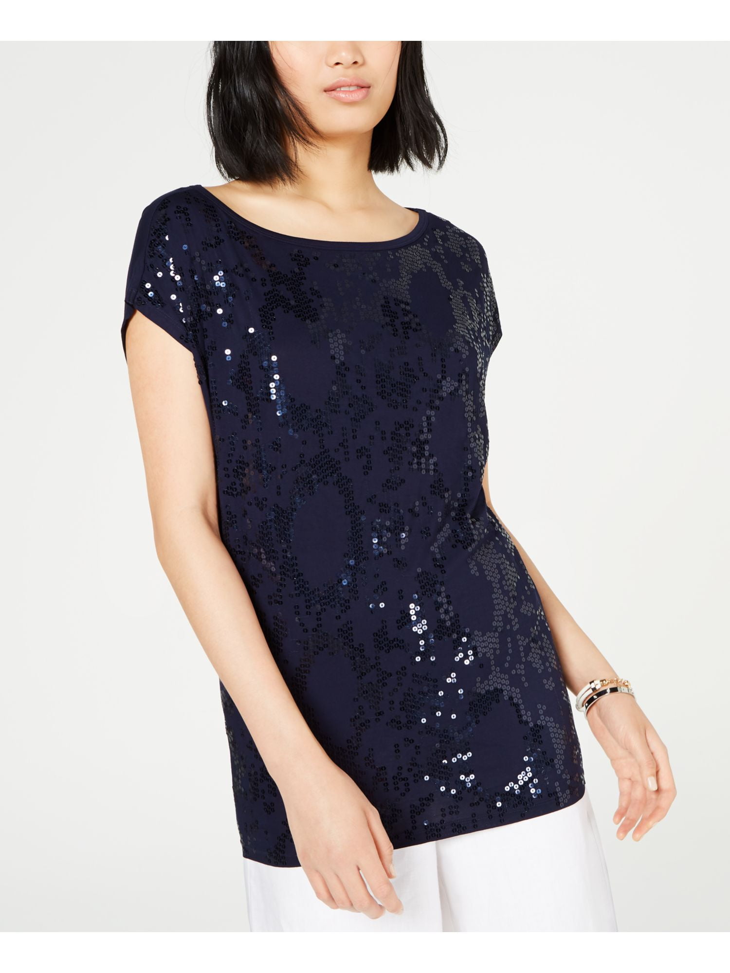MICHAEL KORS Womens Navy Sequined Short Sleeve Scoop Neck Top Size: XS ...