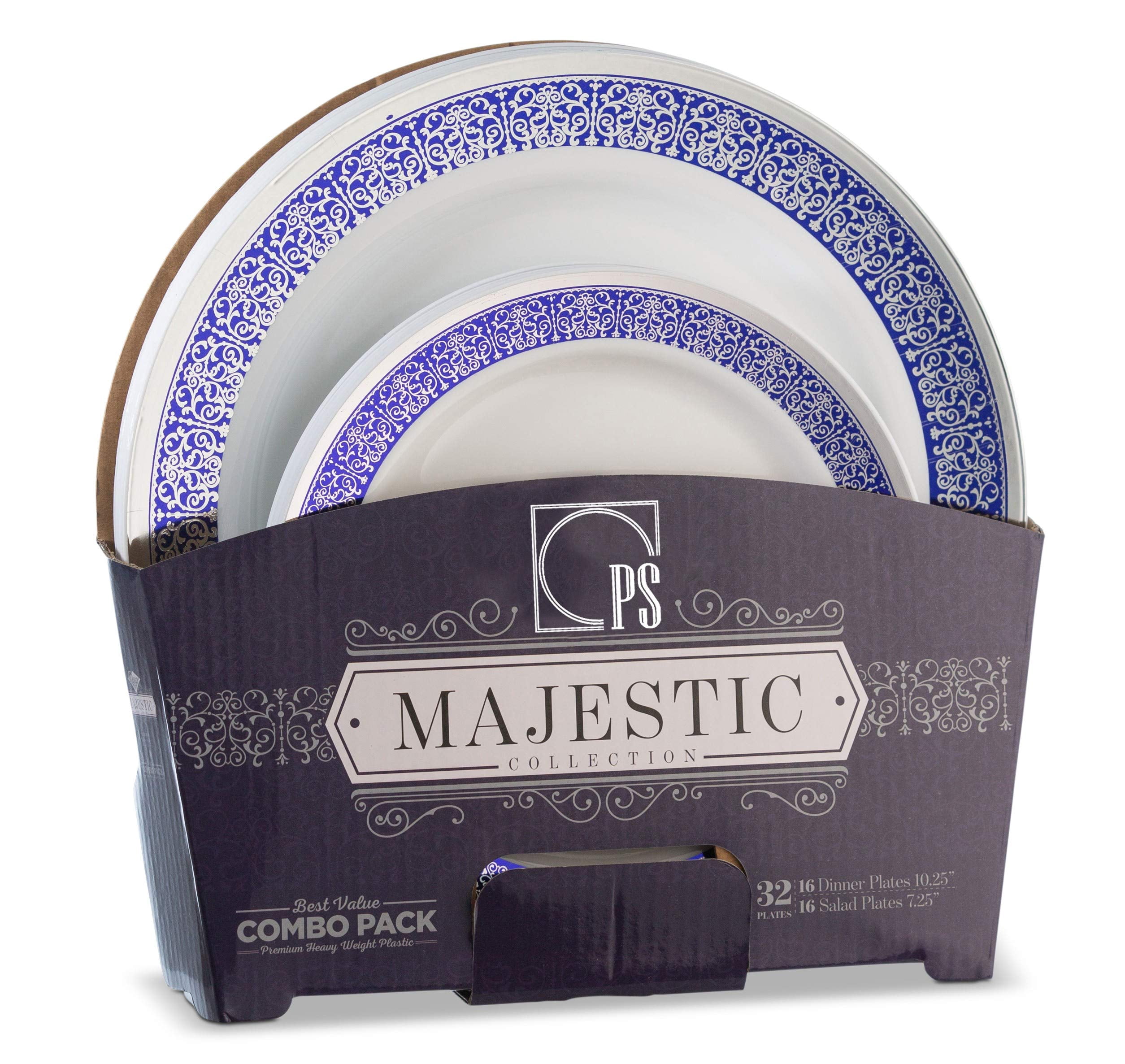 32 Piece White, Silver and Blue Plastic Plates, Elegant Disposable ...