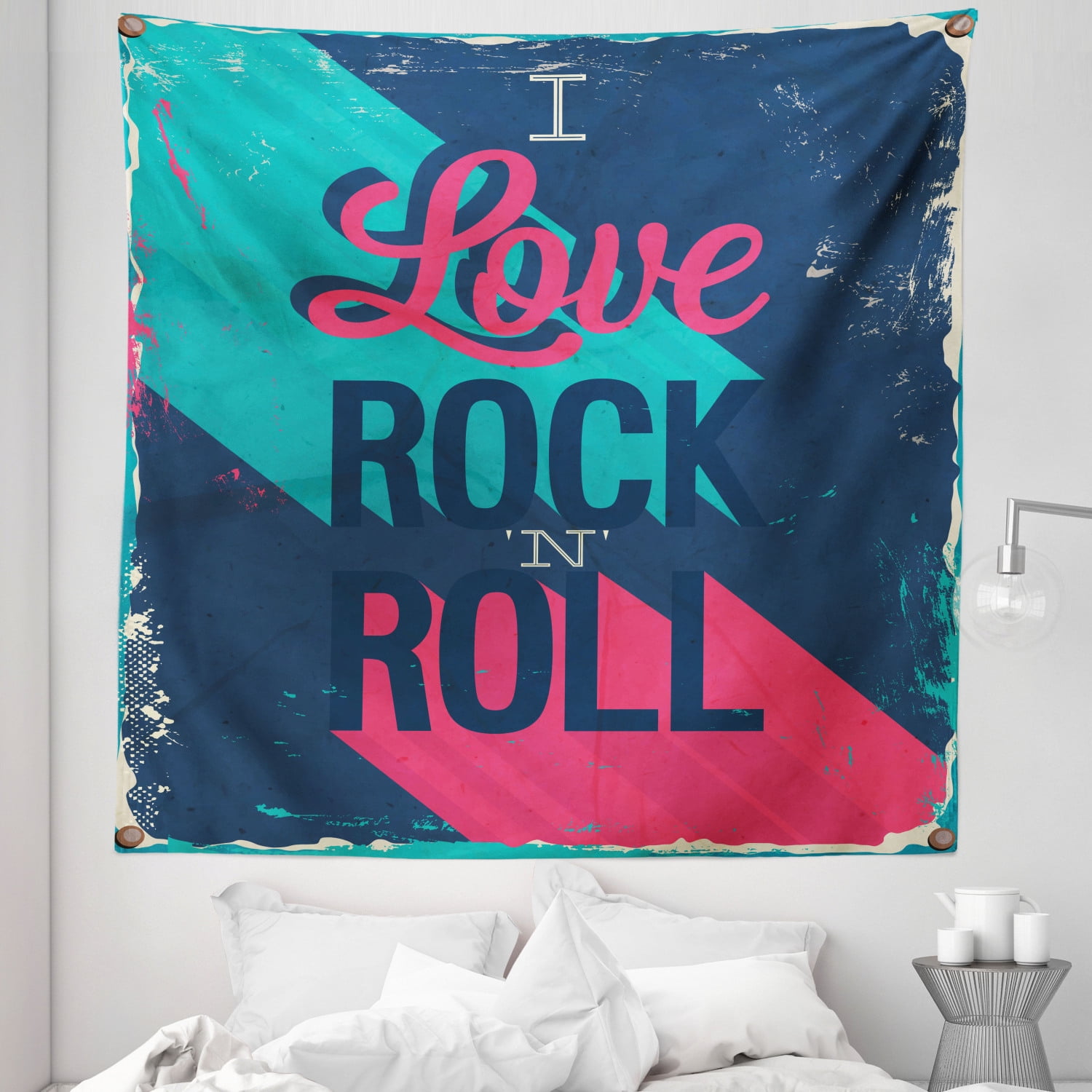 Rock Music Tapestry, Vintage I Love Rock and Roll Slogan Worn Abstract ...