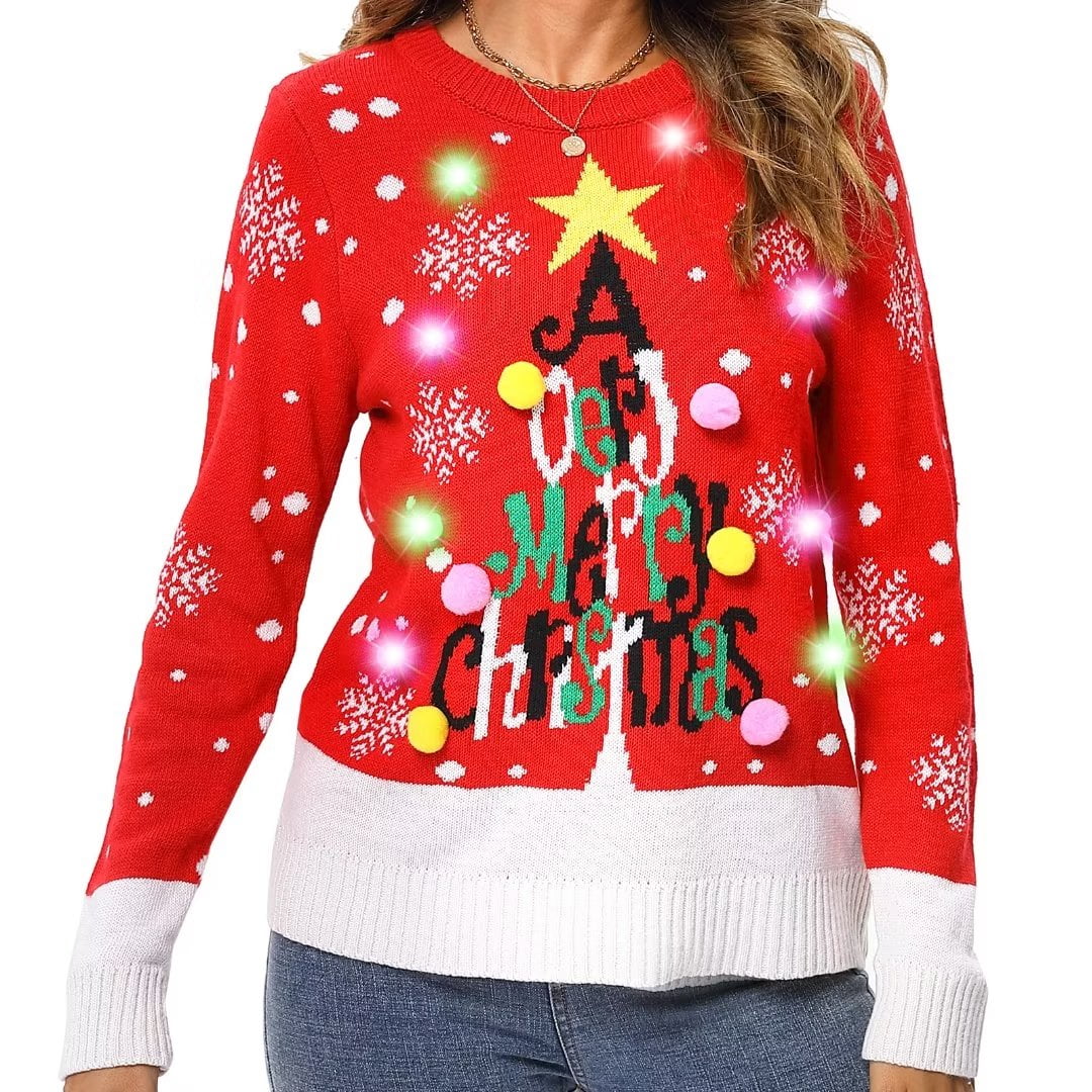 Shininglove Women's LED Light Up Holiday Tree Ugly Christmas Long ...