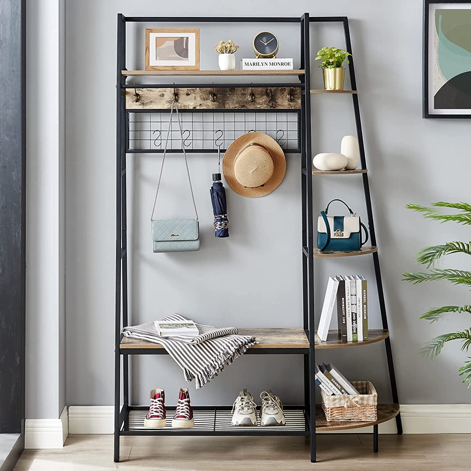 Entryway Clothing Rack with Hooks, Grid Area, Storage Shelves and Shoes ...