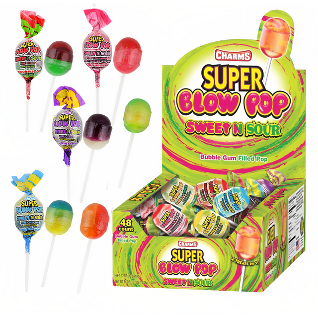 CHARMS Super Blow Pop, Sweet N Sour, Bubble Gum Filled Lollipops (48 ...