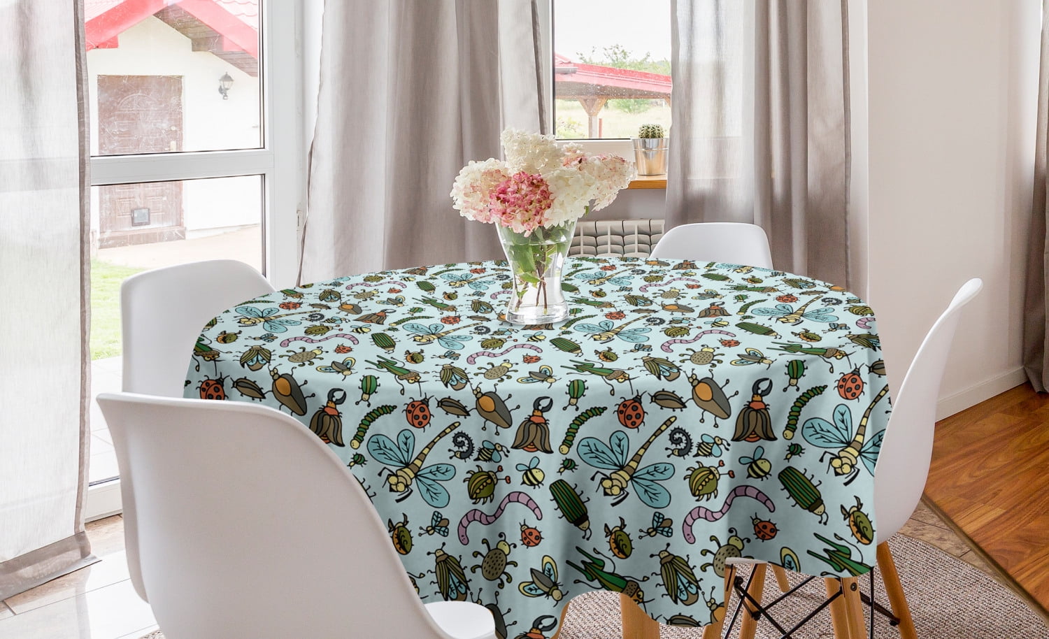 Nursery Round Tablecloth, Pastel Insects Dragonflies Beetle Ladybug ...