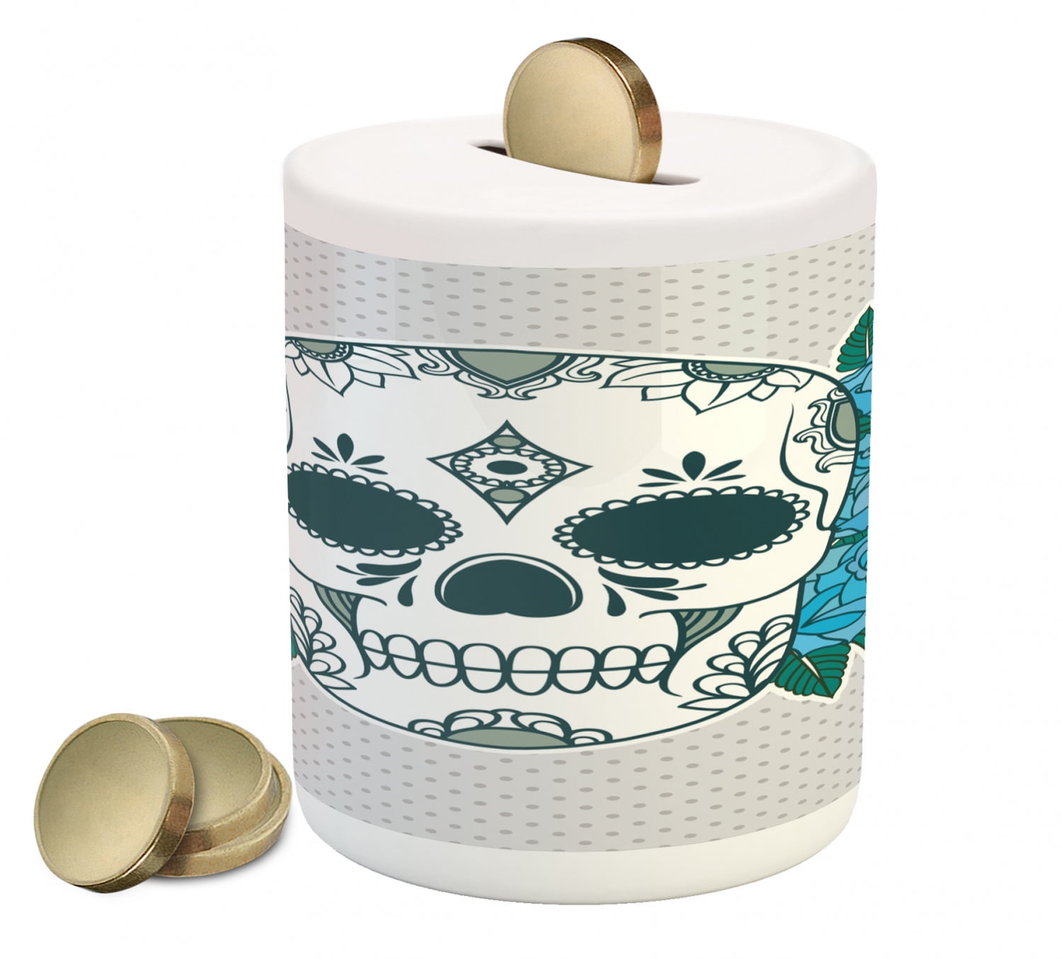 Skull Piggy Bank, Skeleton Head with Oriental Paisley Details Roses ...