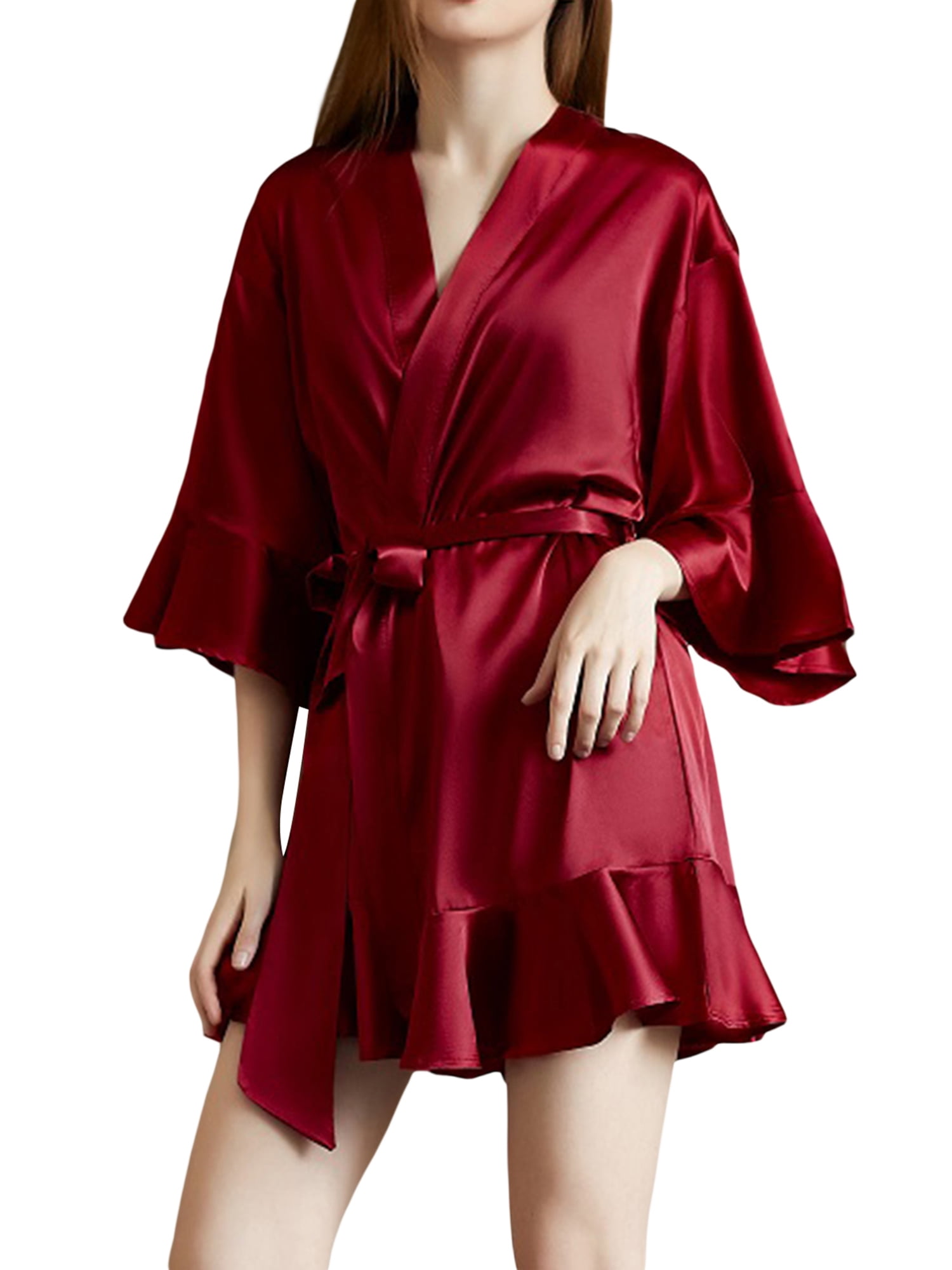 Eyicmarn Women's Satin Robes 3/4 Sleeve Ruffle Hem Kimono Robe Silk ...