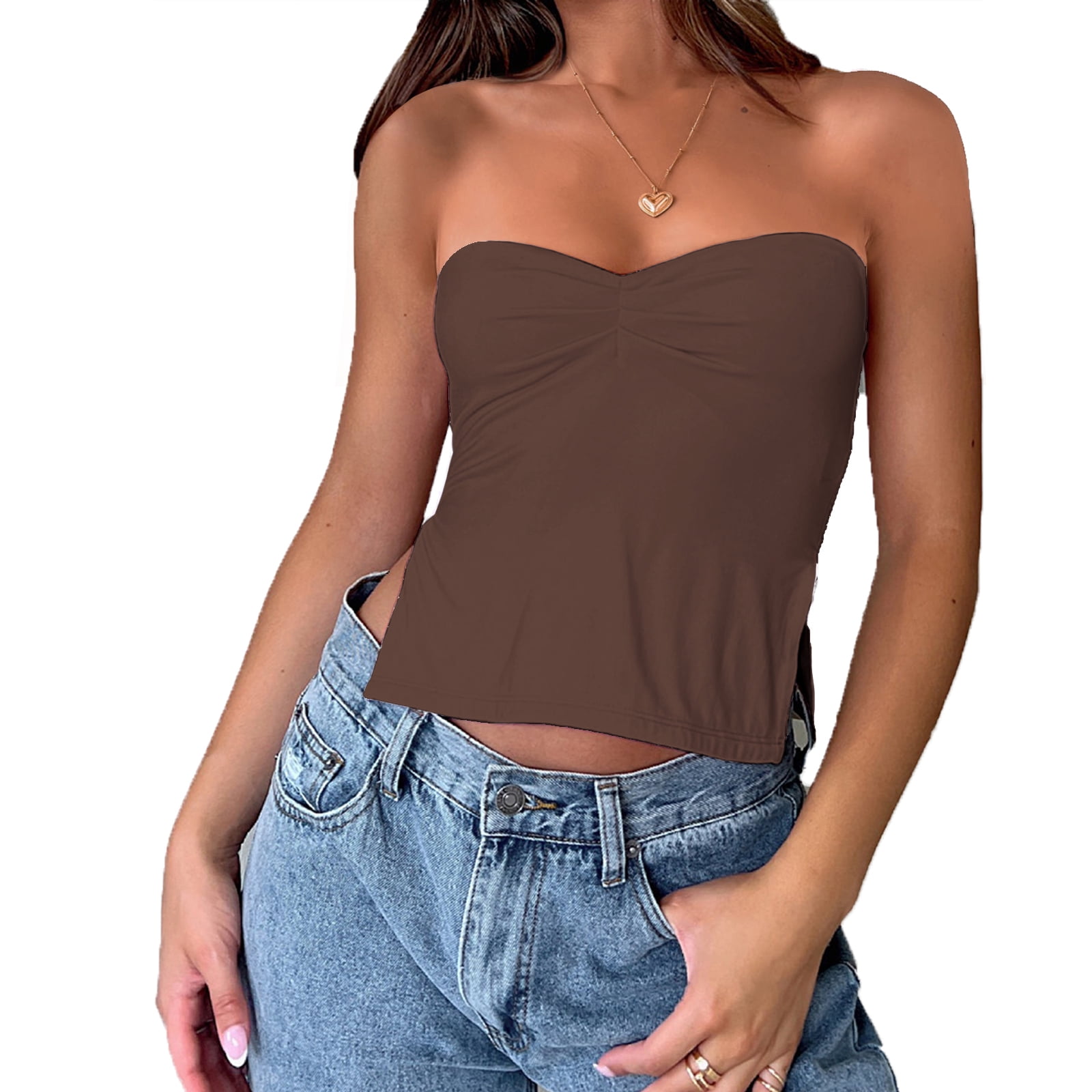 Douhoow Womens Strapless Tube Top Bandeau Split Crop Tops Off Shoulder