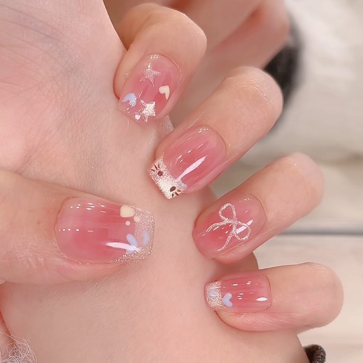 24Pcs Glitter Diamond Press On Nails Blush Pink Cat Eye Fake Nails ...