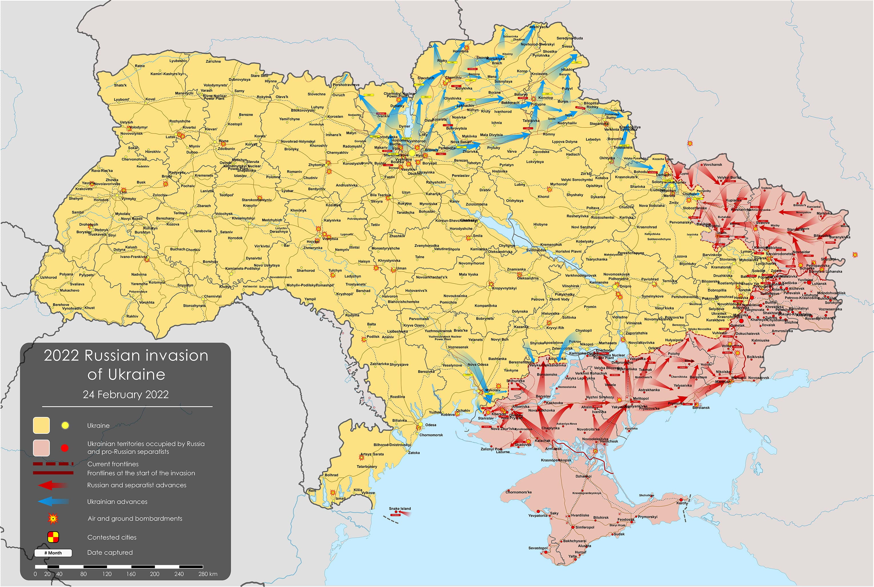 35x24in Map of Russian Invasion of Ukraine. Areas and cities occupied ...