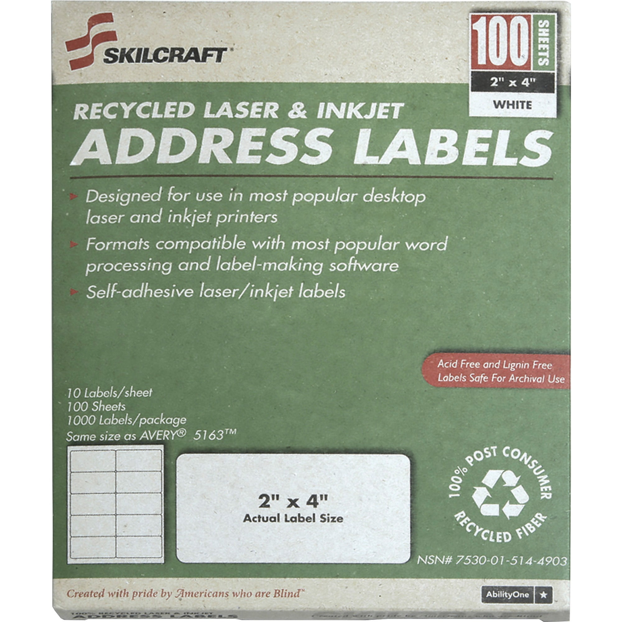 SKILCRAFT, NSN5144903, 2" x 4" Laser/Inkjet Address Labels, 1000 Per ...