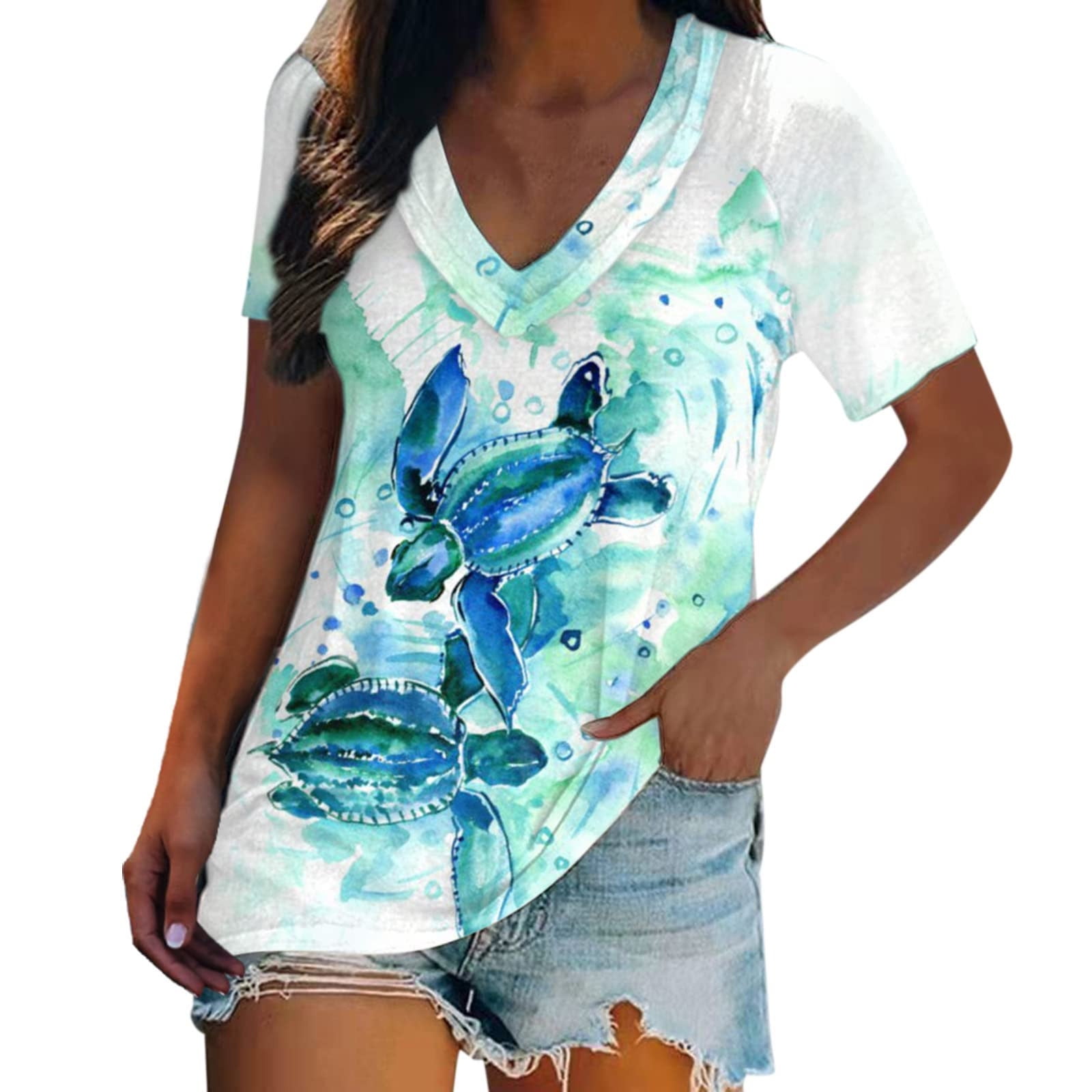 HAPIMO Women's Fashion Shirts Short Sleeve Tees Sea Turtle Print Tops V ...