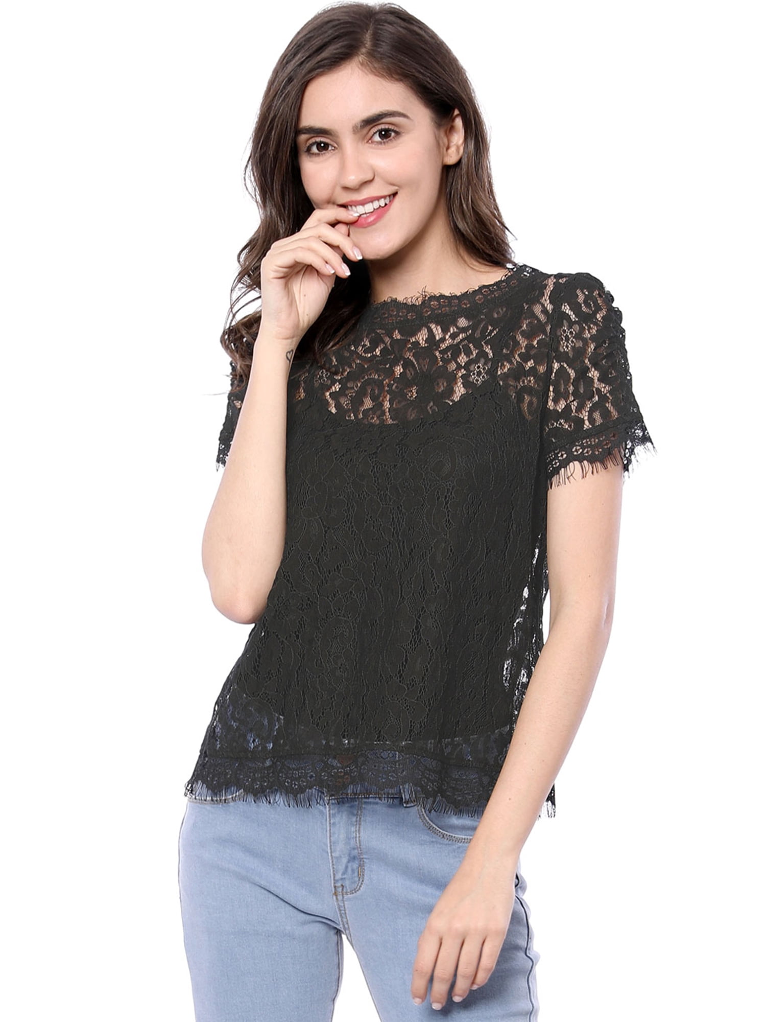 Allegra K Women's Scalloped Trim Semi Sheer Floral Lace Top - Walmart.com