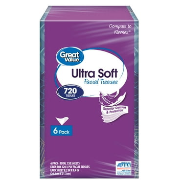 Great Value Ultra Soft Facial Tissues, 6 Flat Cartons, 120 Tissues per Flat, 3-Ply - Walmart.com