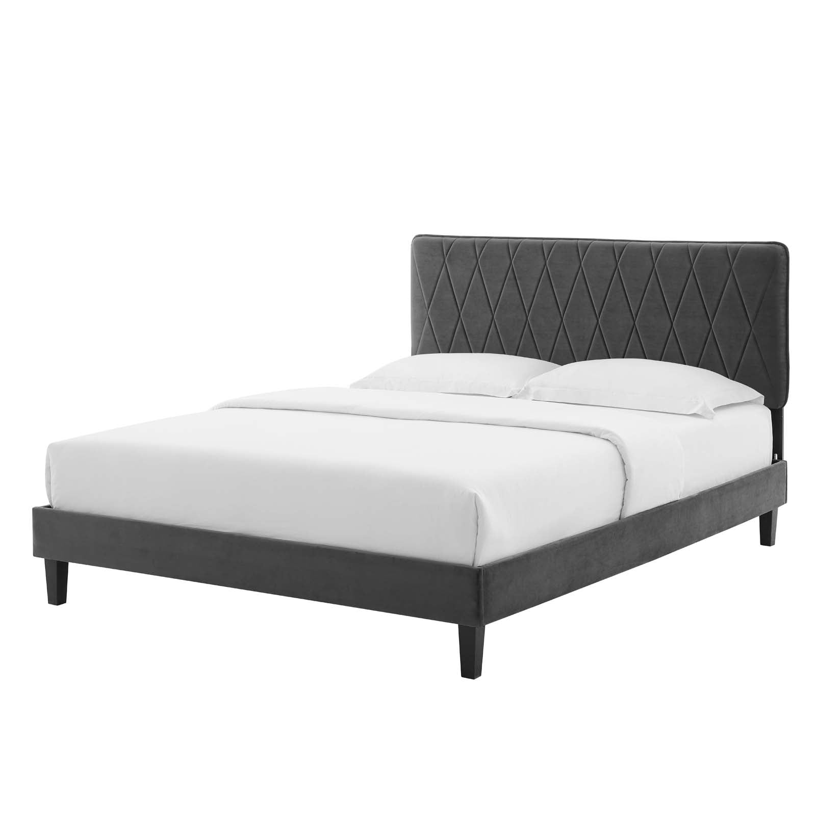 Platform Bed Frame King Size Velvet Dark Grey Gray Modern