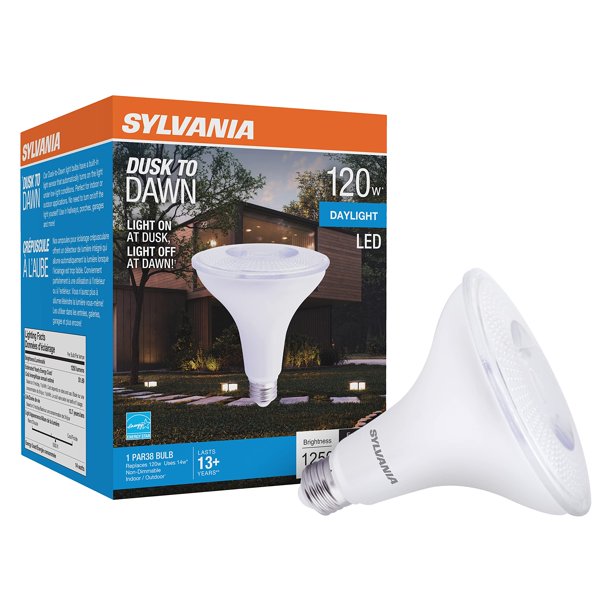 SYLVANIA Dusk to Dawn PAR38 LED Light Bulb with Auto On/Off Light Sensor, 120W=14W, 1250 Lumens ...
