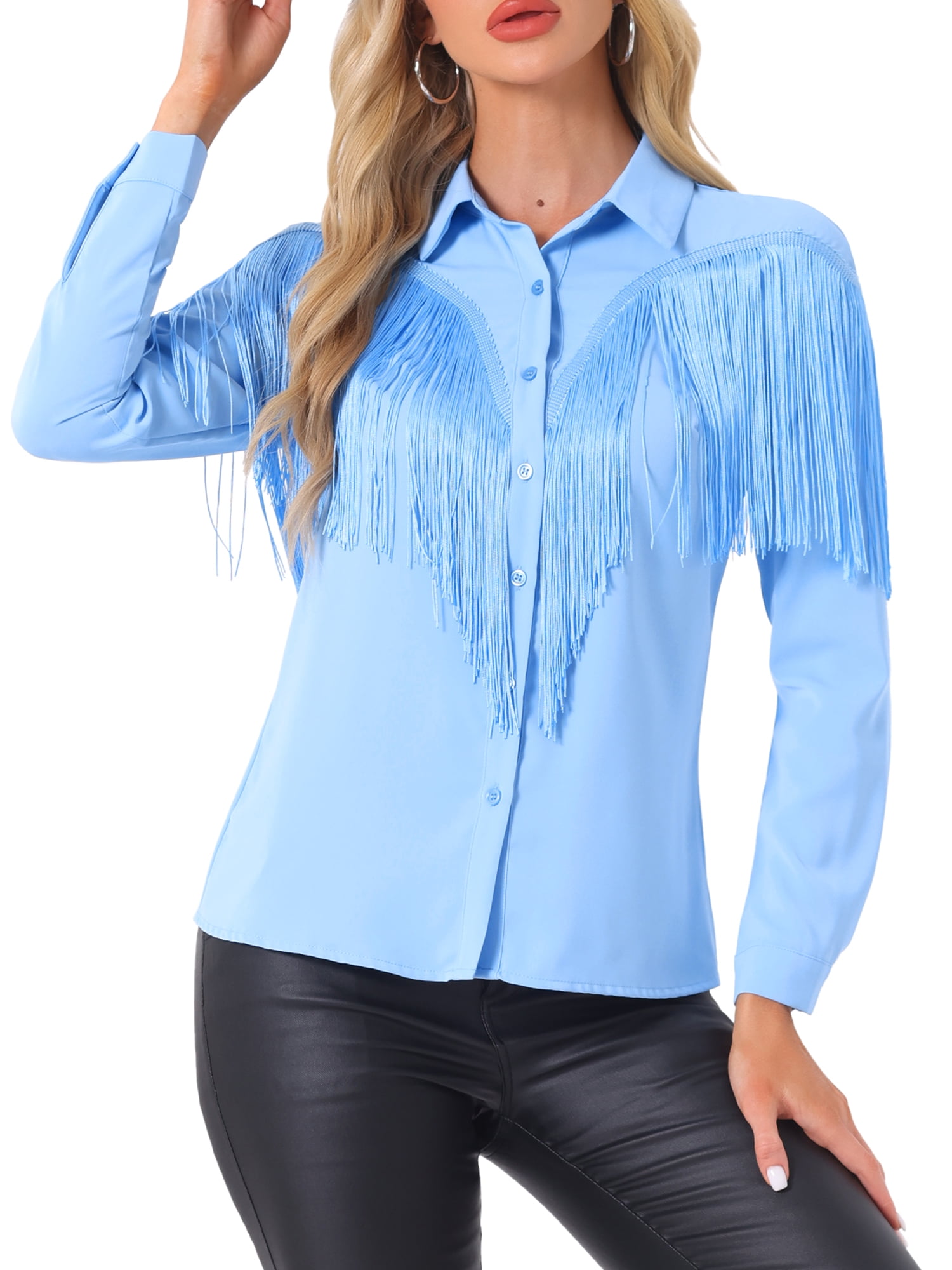 INSPIRAR CHIC Camisas de Vaquera para Mujeres con Flecos de Manga Larga ...