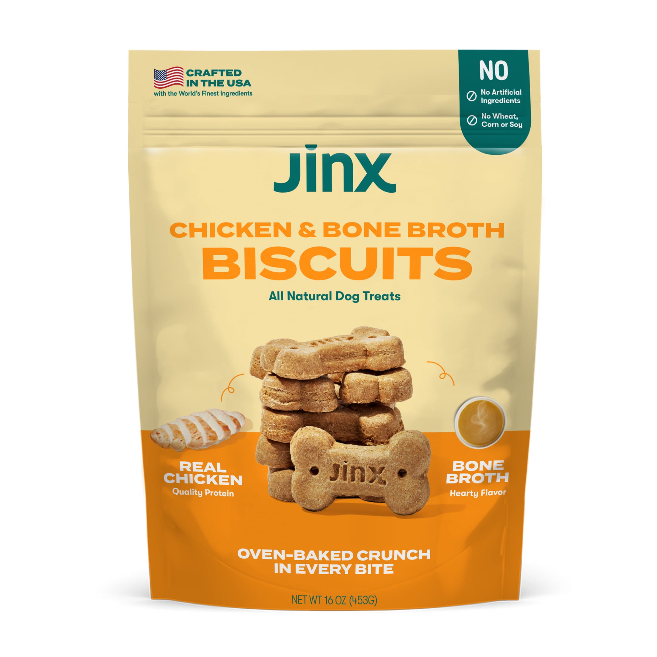 Jinx Chicken Bone Broth Biscuits, Crunchy Dry Dog Treats, 16 oz Bag ...