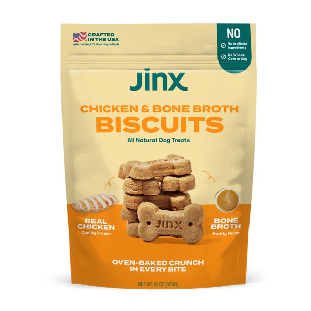 Jinx Chicken Bone Broth Biscuits, Crunchy Dry Dog Treats, 16 oz Bag ...