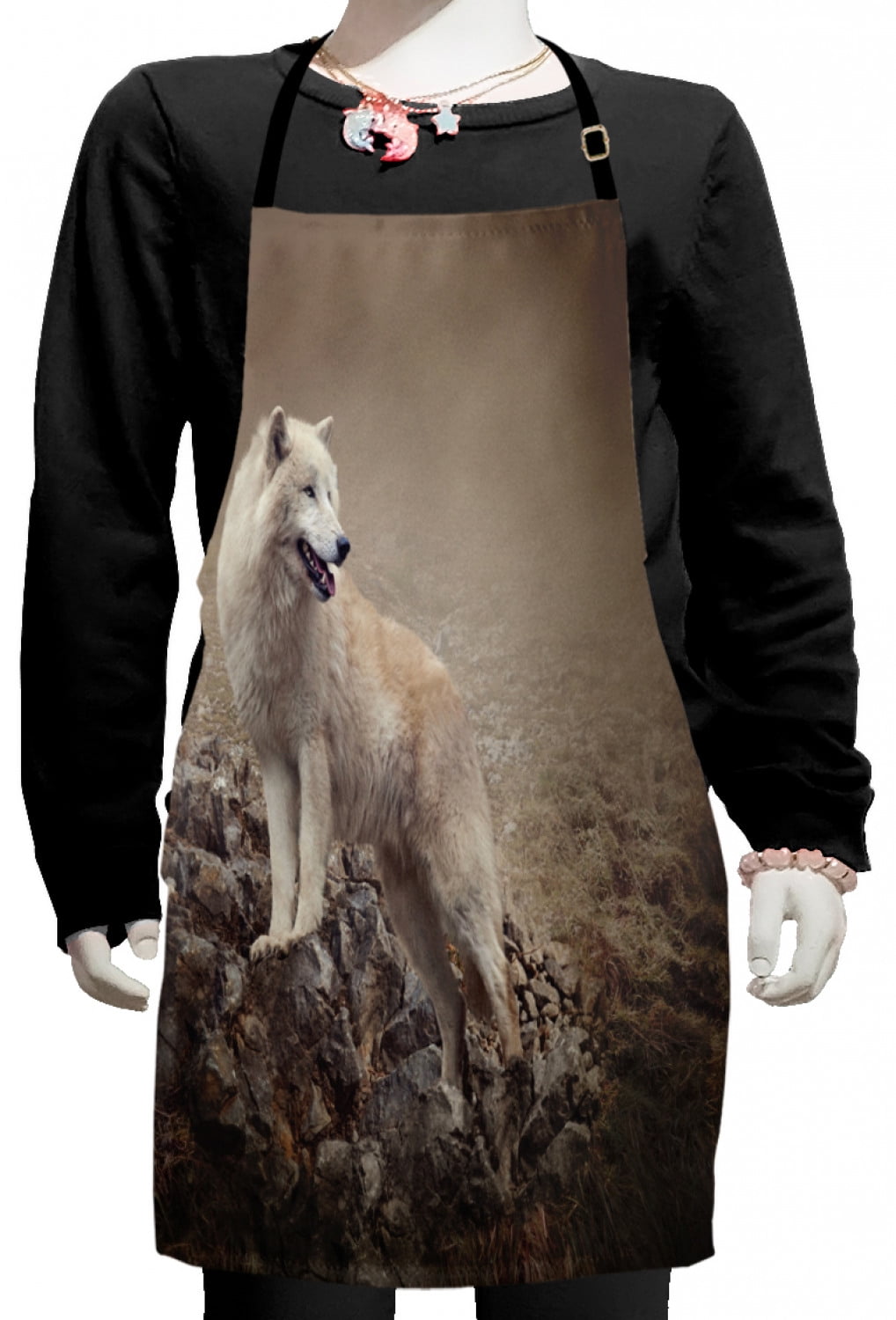 Animal Kids Apron, White Wolf on Rocks at the Night Hazy Misty Weather ...