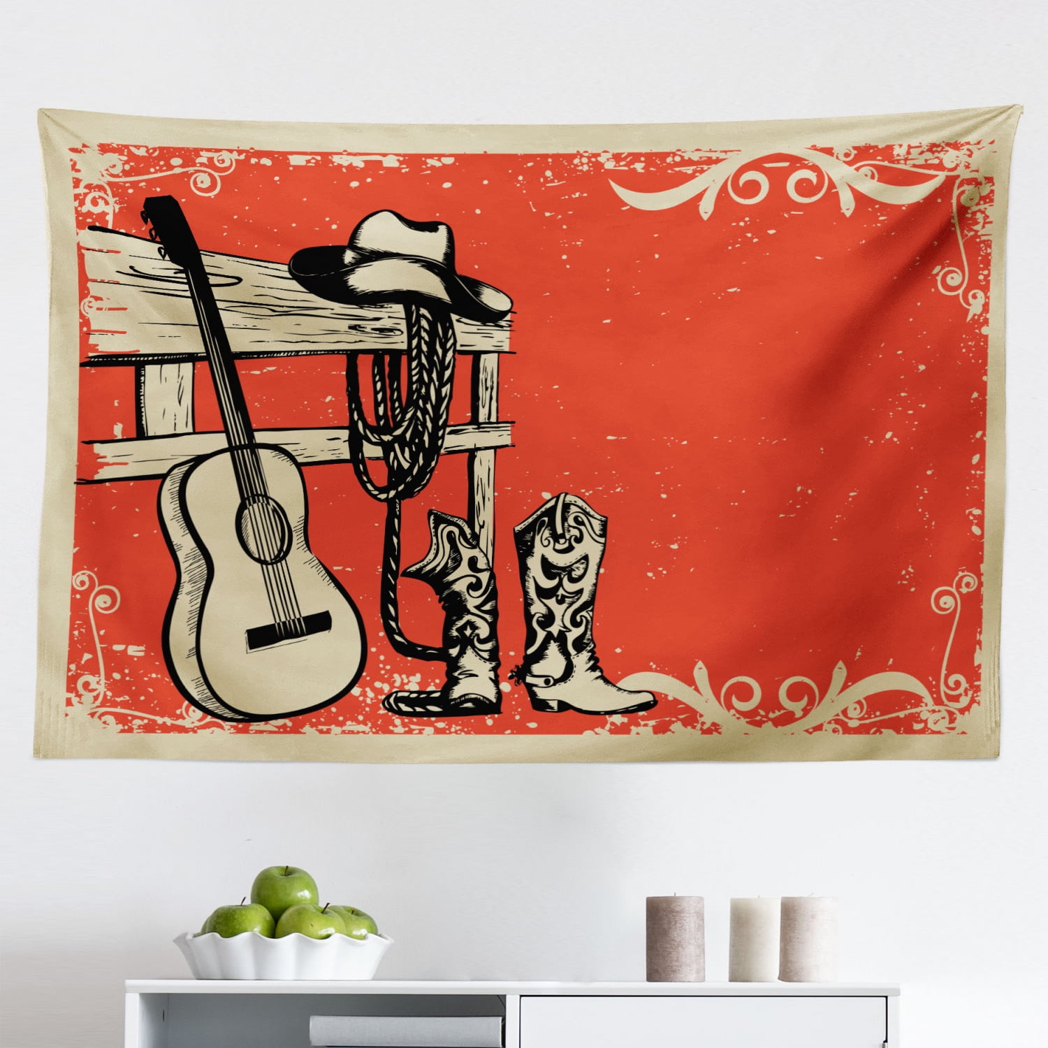 Western Tapestry, Wild West Cowboy Hat and Scarf Vintage Colors ...