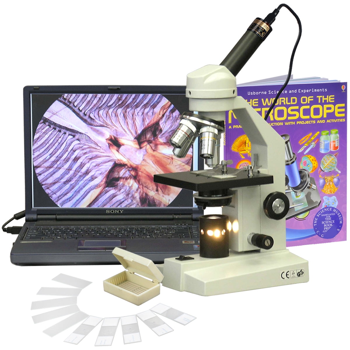 AmScope 40X-2500X Advanced Home School Compound Microscope + 3MP Camera ...