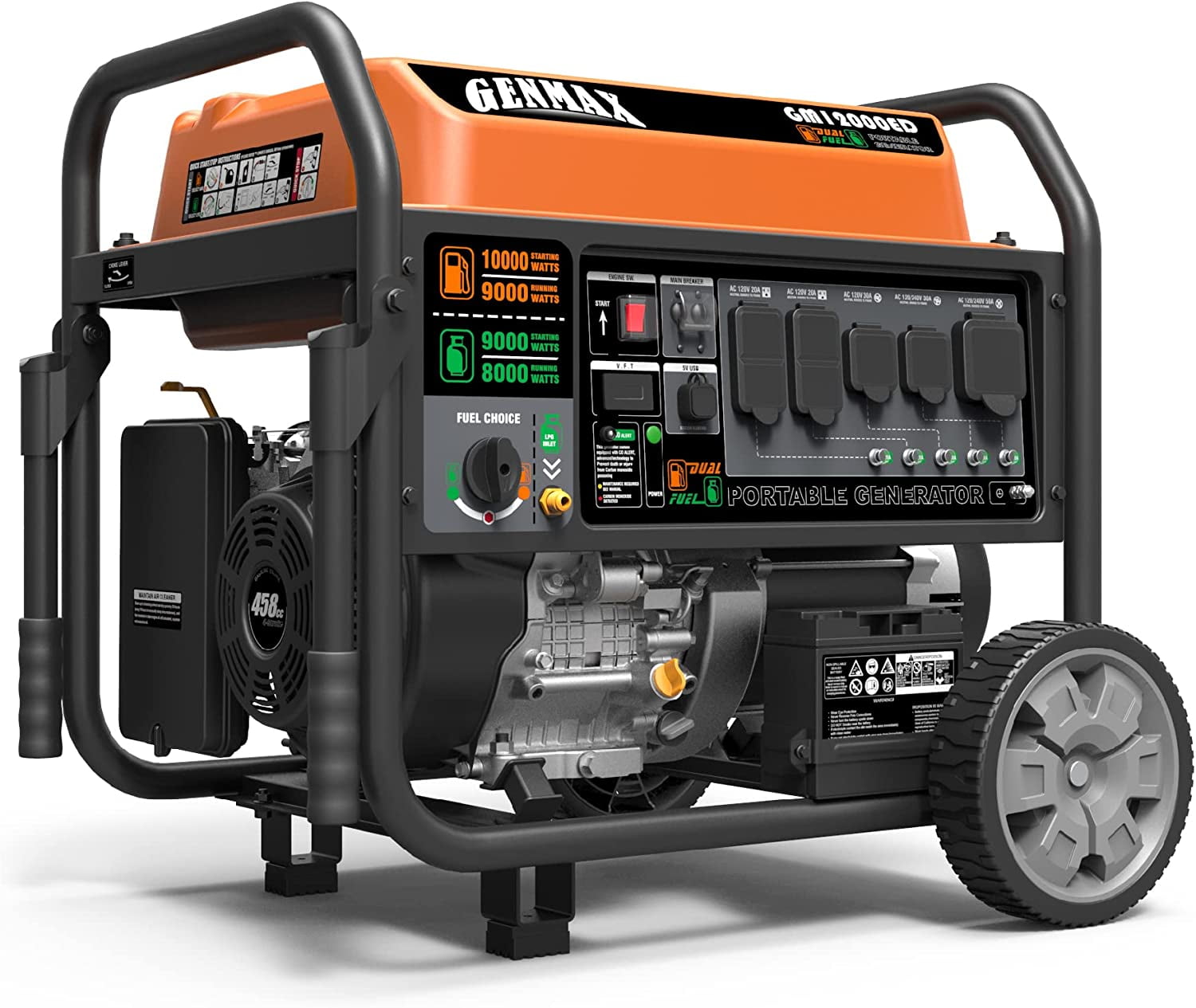GENMAX Dual Fuel Portable Generator 12000 Watt Gas or Propane Powered ...