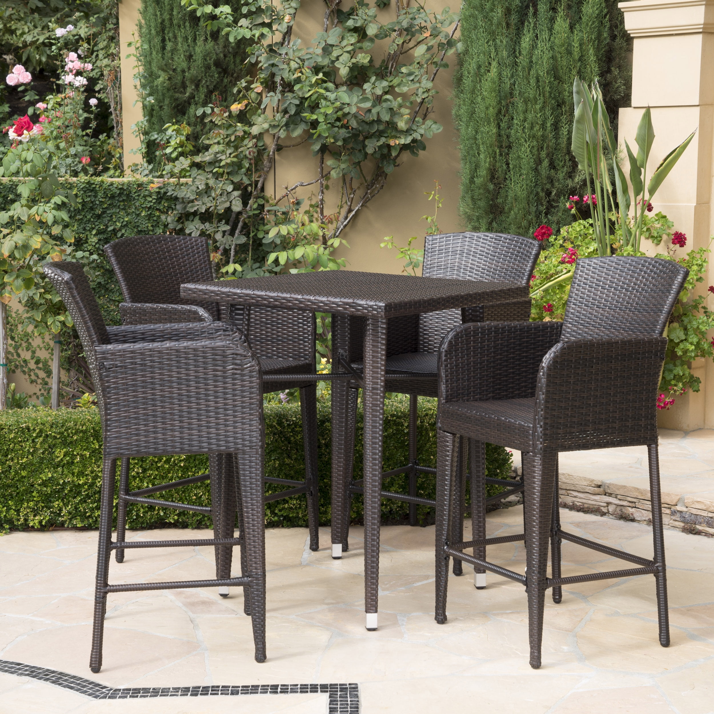Landon Outdoor 5 Piece Wicker 32.5 Inch Square Bar Table Set ...