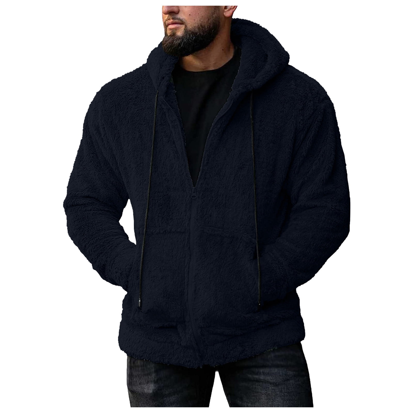 Men Hoodie Zipper Fleece Sweatshirt Winter Solid Color Outwear Long ...