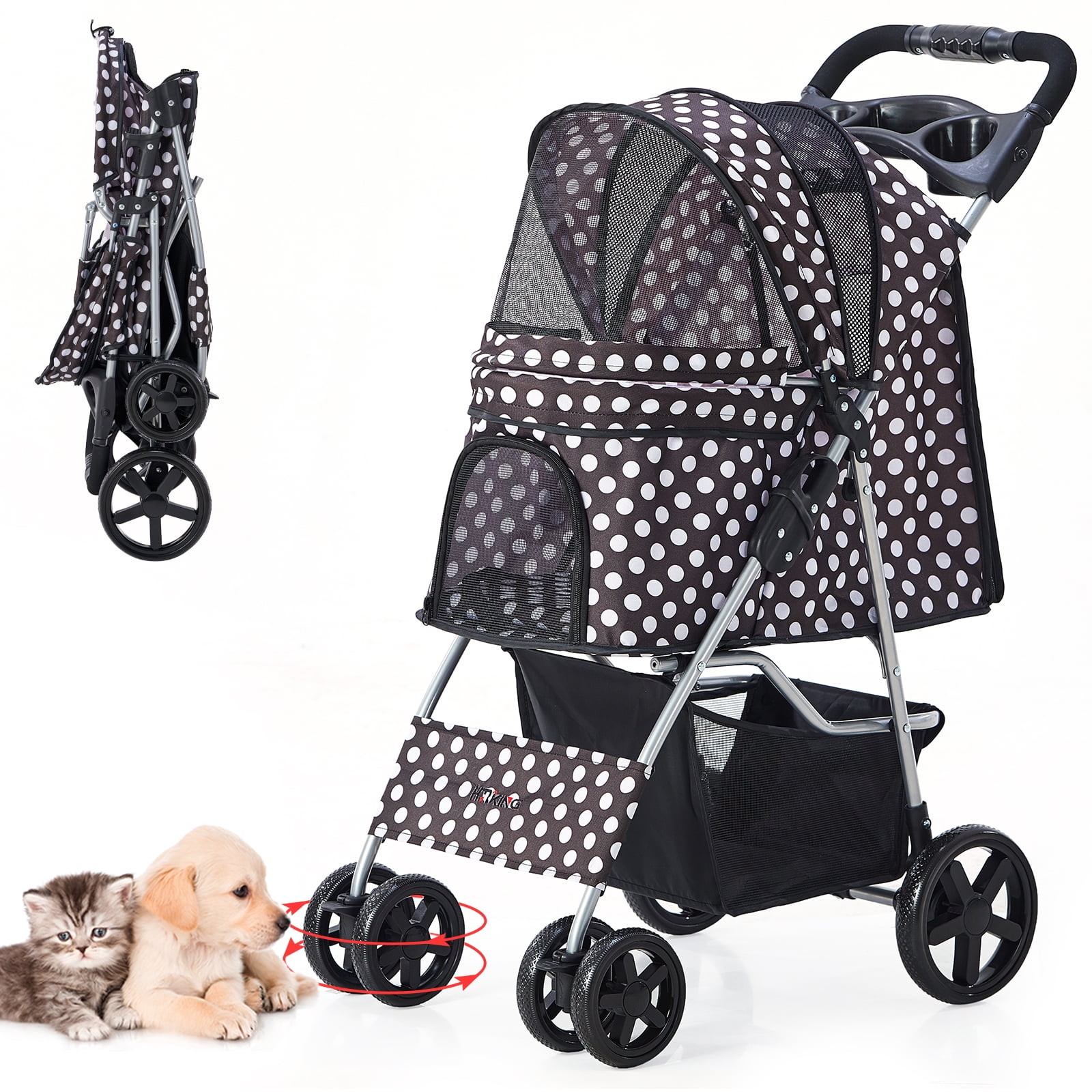 Pet Stroller 4 Wheel with Storage Basket and Cup Holder Foldable ...