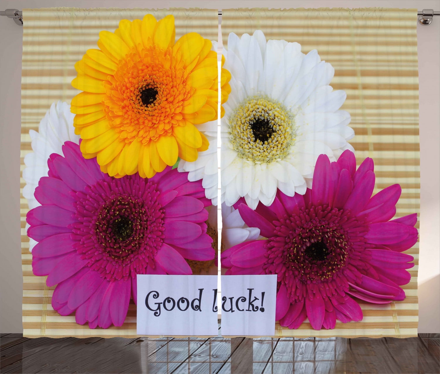 Going Away Party Curtains 2 Panels Set, Good Luck Note Colorful Gerbera ...