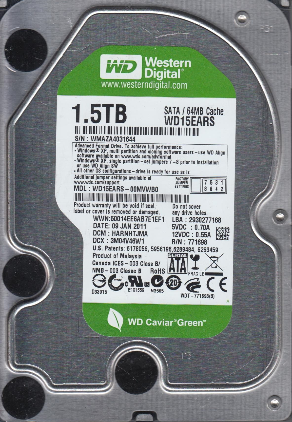 WD15EARS-00MVWB0, DCM HARNHTJMA, Western Digital 1.5TB SATA 3.5 Hard ...