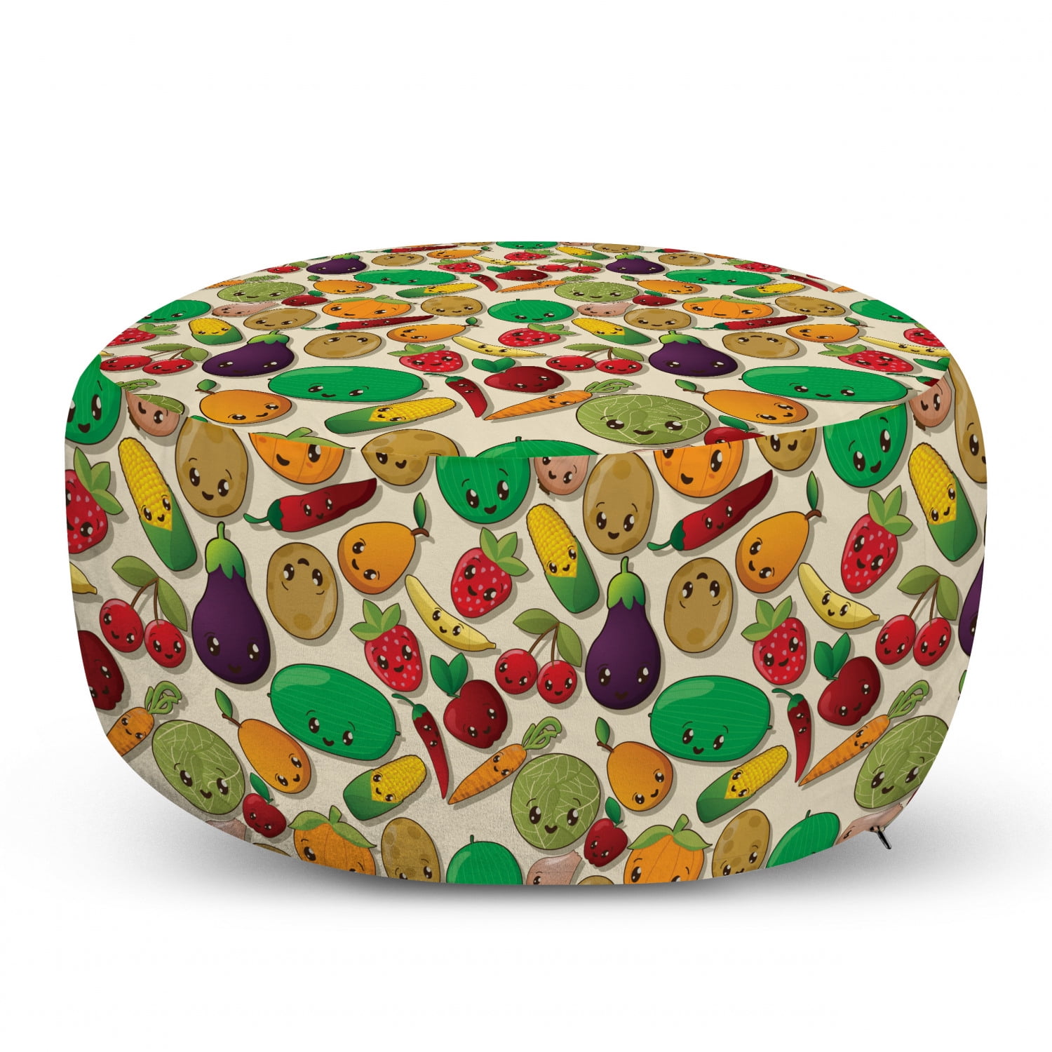 Anime Pouf Cover with Zipper, Various Vegetables and Fruits with Kawaii ...