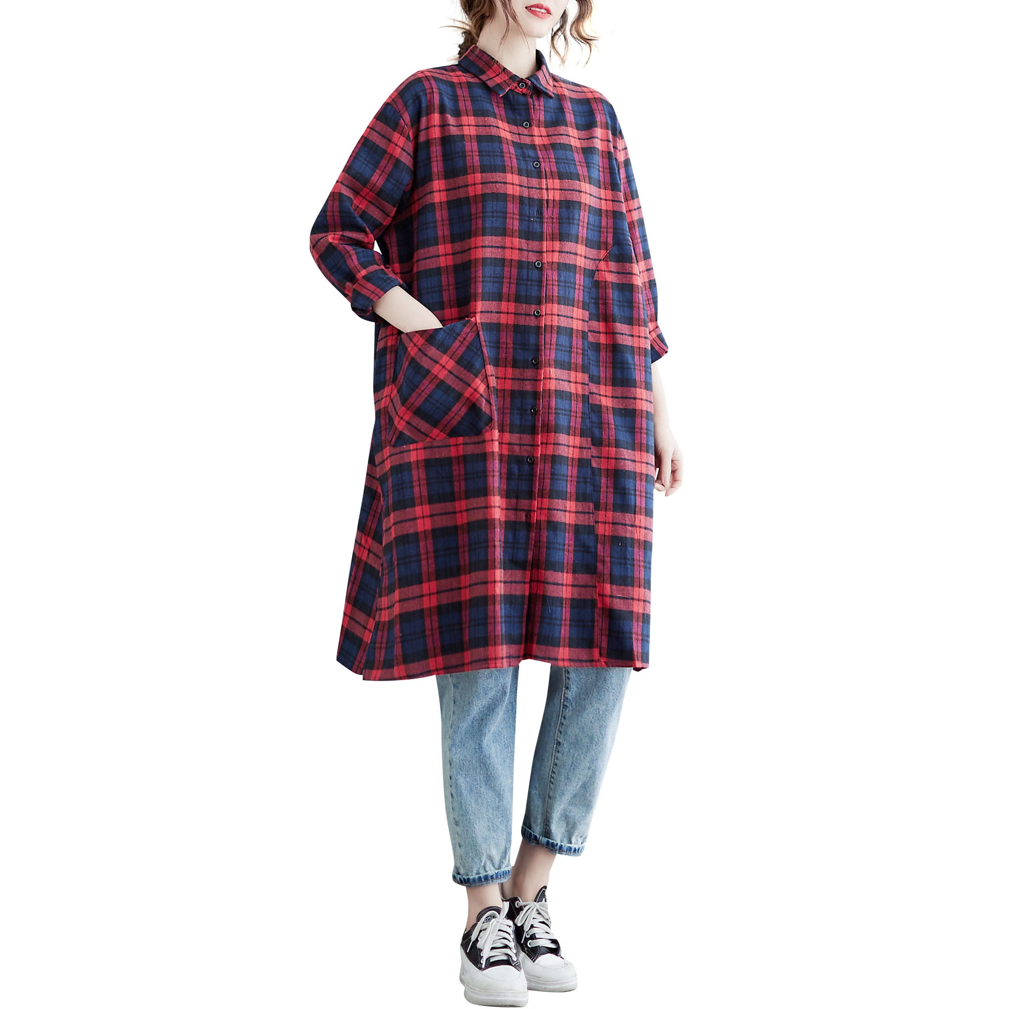 Click here for Graflsoa Red Plaid Oversized Shirt Dress With Side... prices