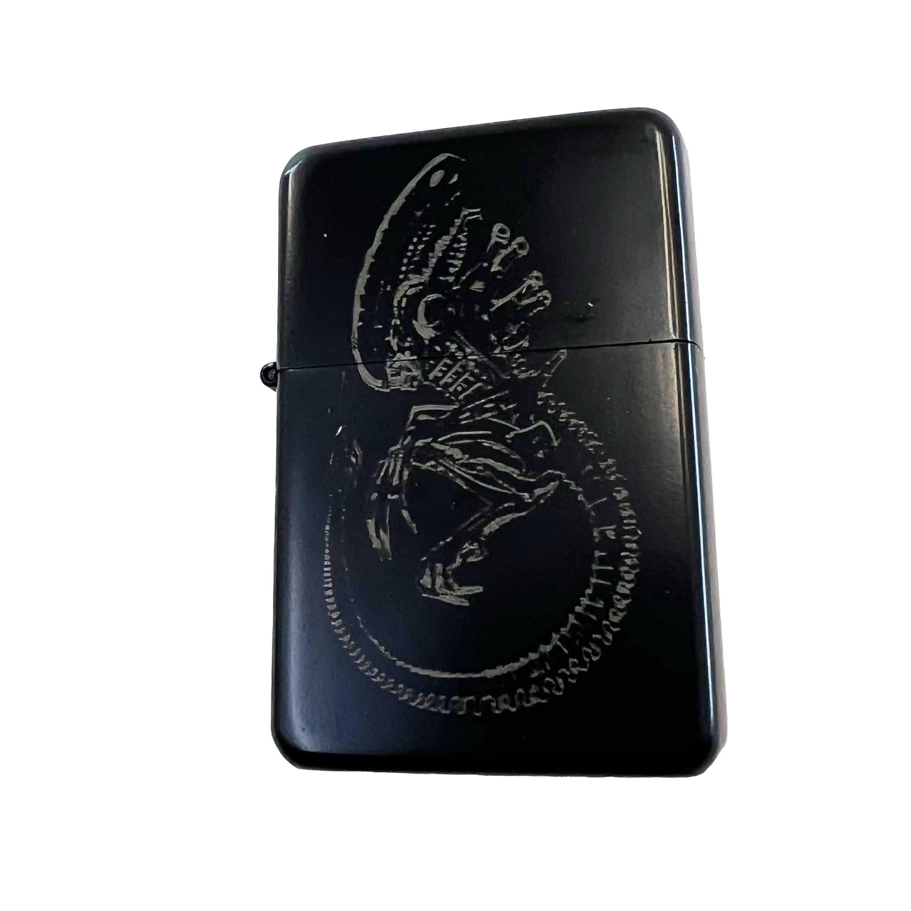 Hip Flask Plus Windproof Black Lighter - Alien Fossil Design with Matte ...