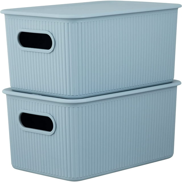 Superio 5L Small Stone Blue Ribbed Storage Bin with Lid, Plastic ...