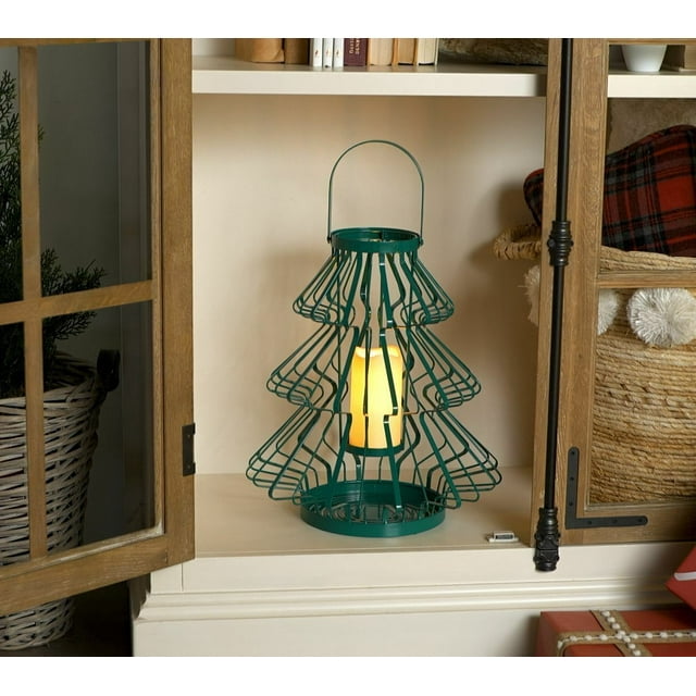 Home Reflections 16" Flameless Tree Lantern w/ Pillar& Remote in Green ...