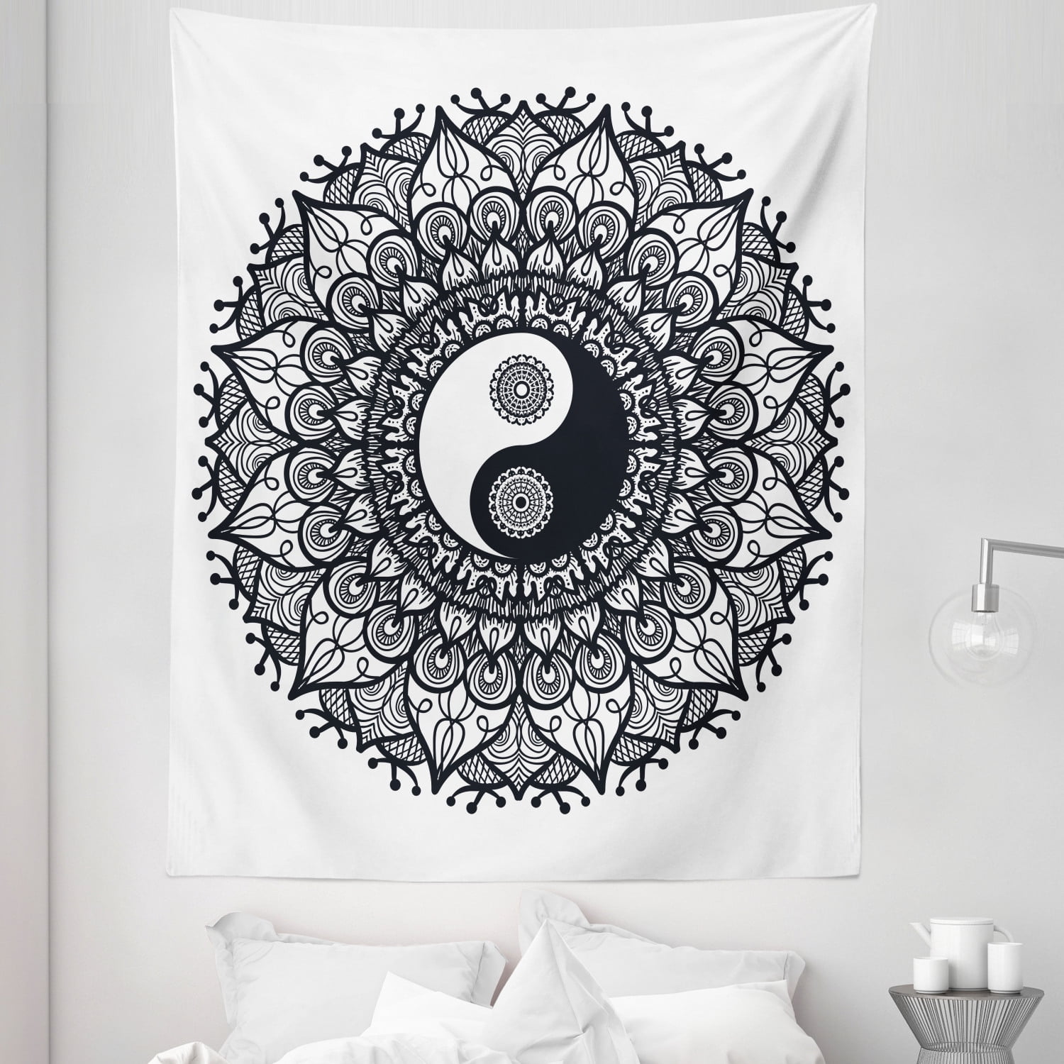 Ying Yang Tapestry, Bohemian Style Tao in Floral Mandala Design ...