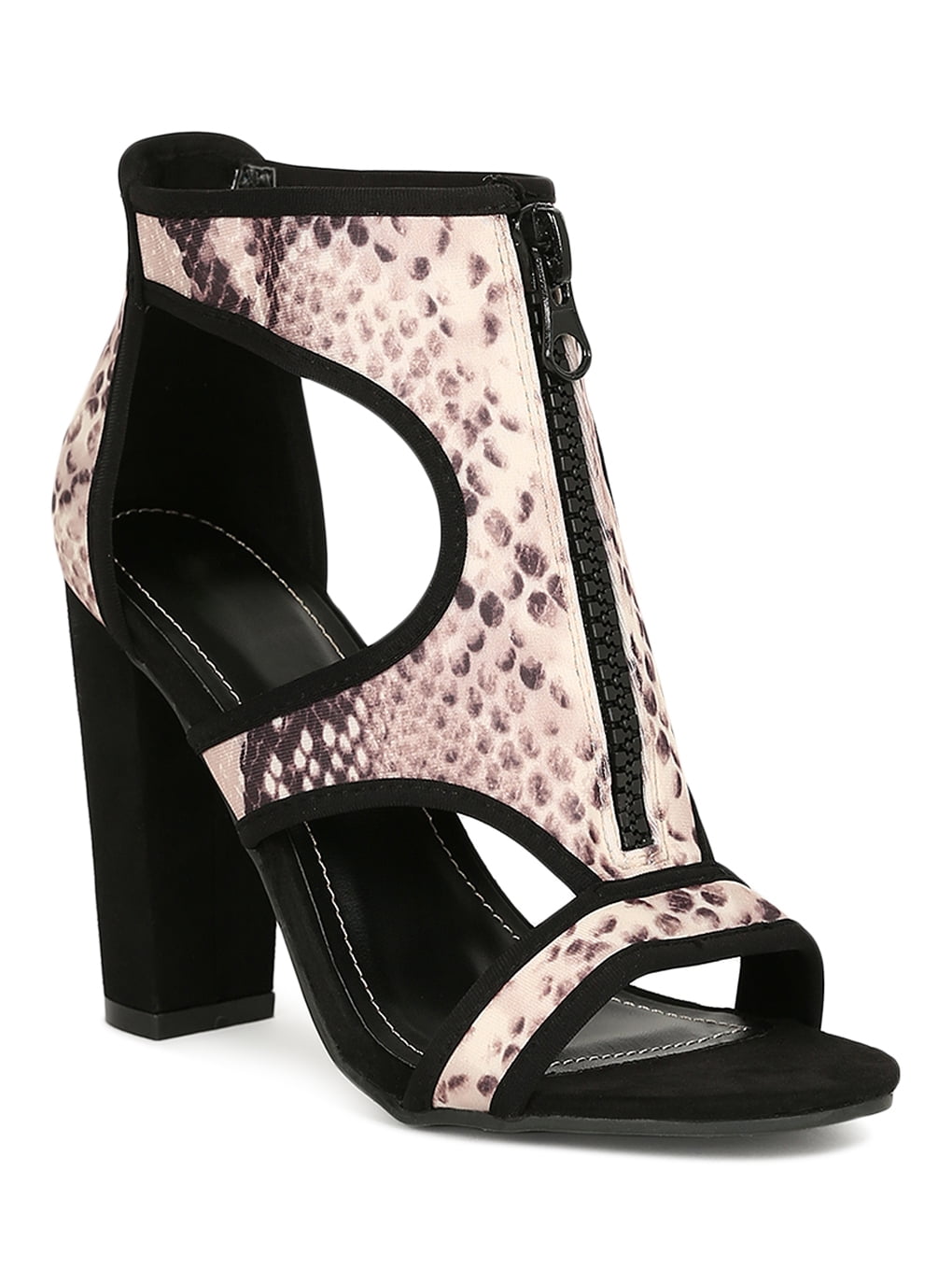 Women Lycra Zipper Front Piping Trim Cage Open Toe Chunky Heel 19152 ...