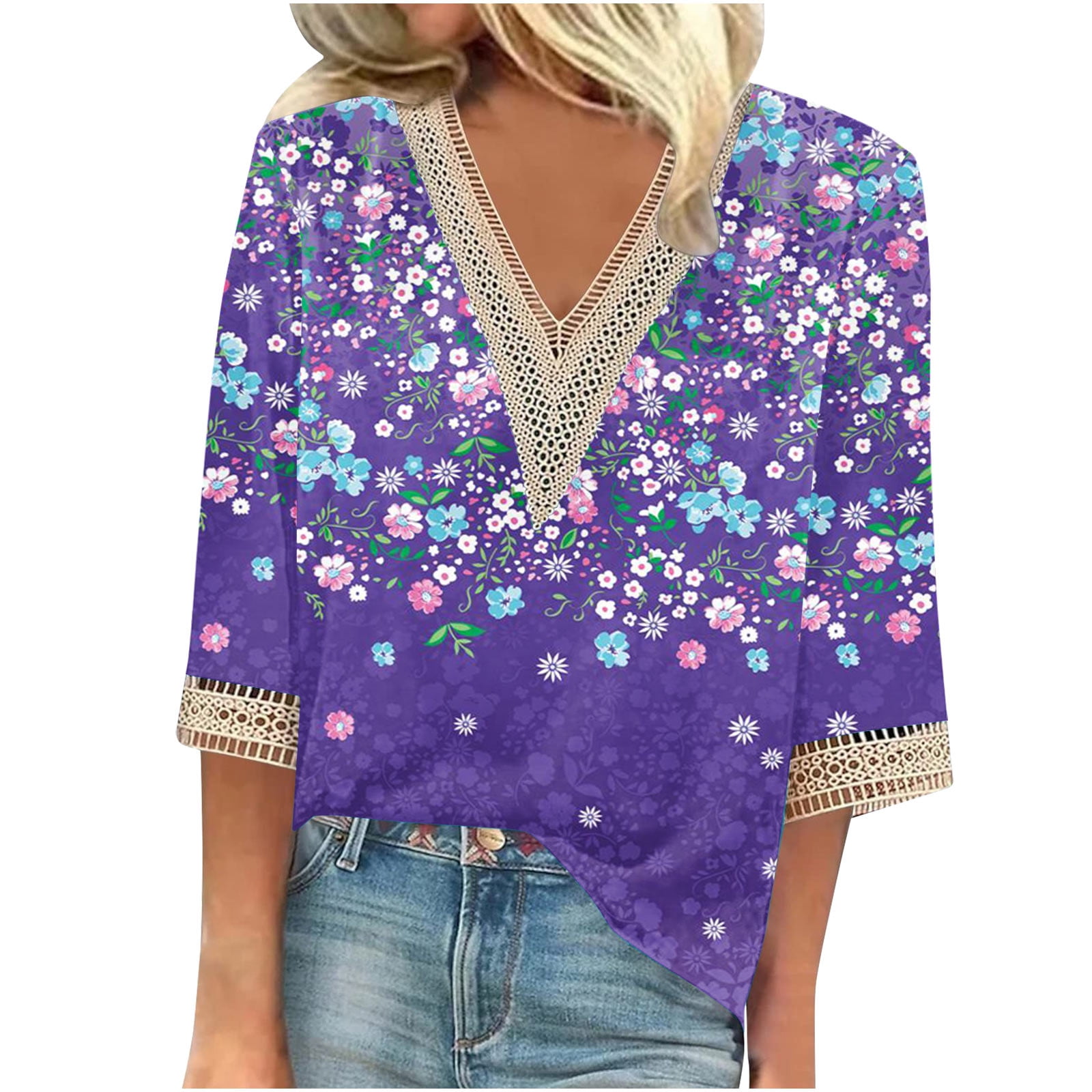 Tuphregyow Women's Tops Flower Clearance Breathable Classic V Neck ...