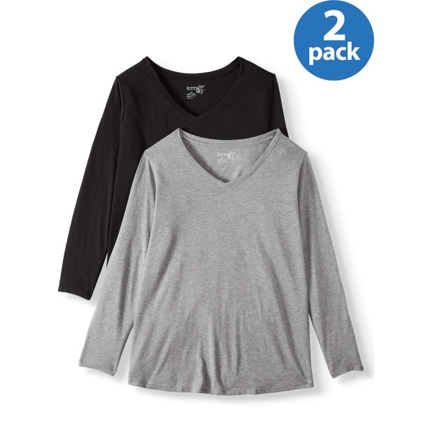 Terra And Sky Womens Plus Size Long Sleeve Everyday Essential V Neck T