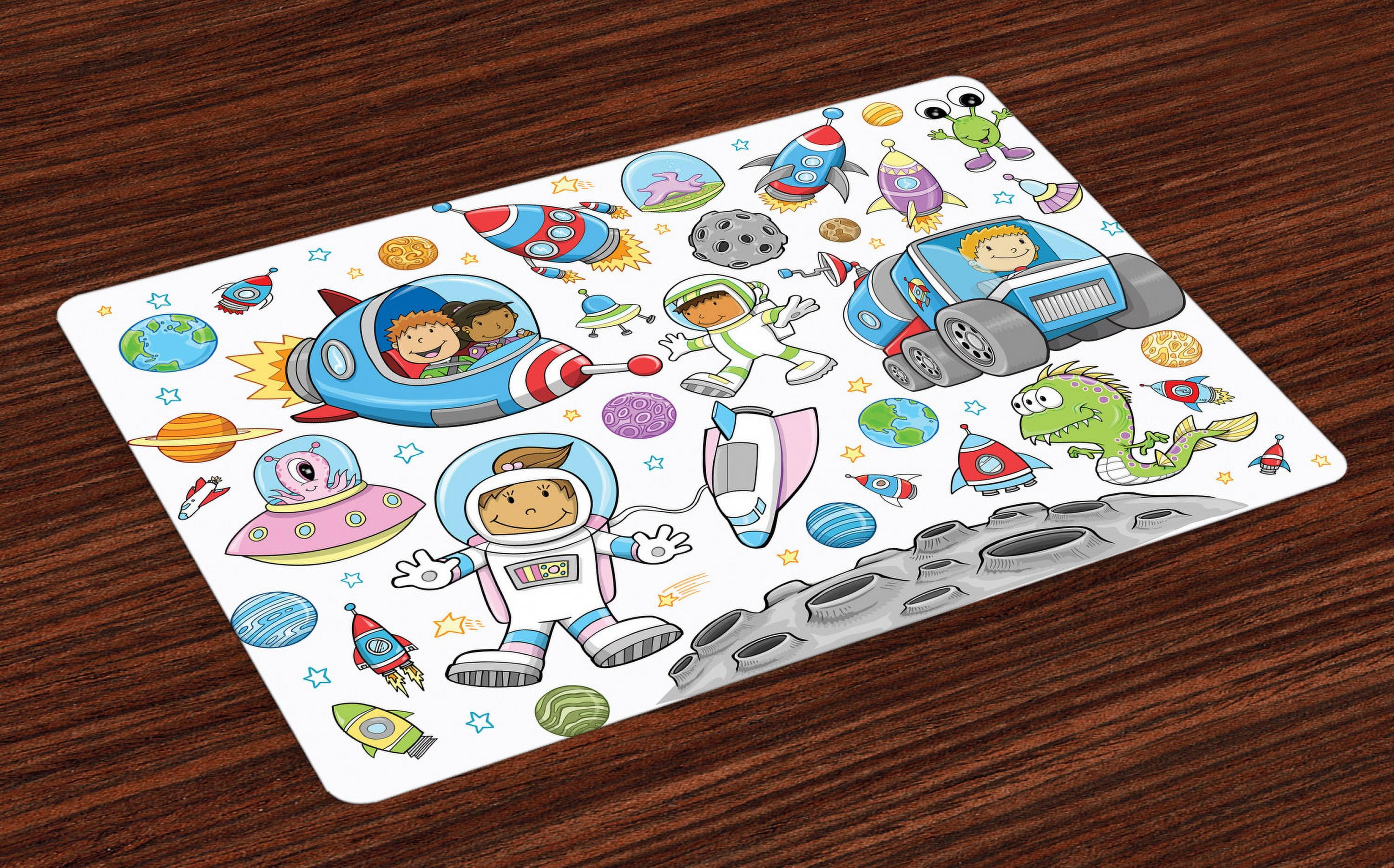 Ambesonne Cartoon Place Mats Set of 4, Space Rocket, Standard Size ...