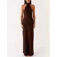 Brown Silk Halter Neck Maxi Dress With Draped Cowl Back Bodycon Fit ...