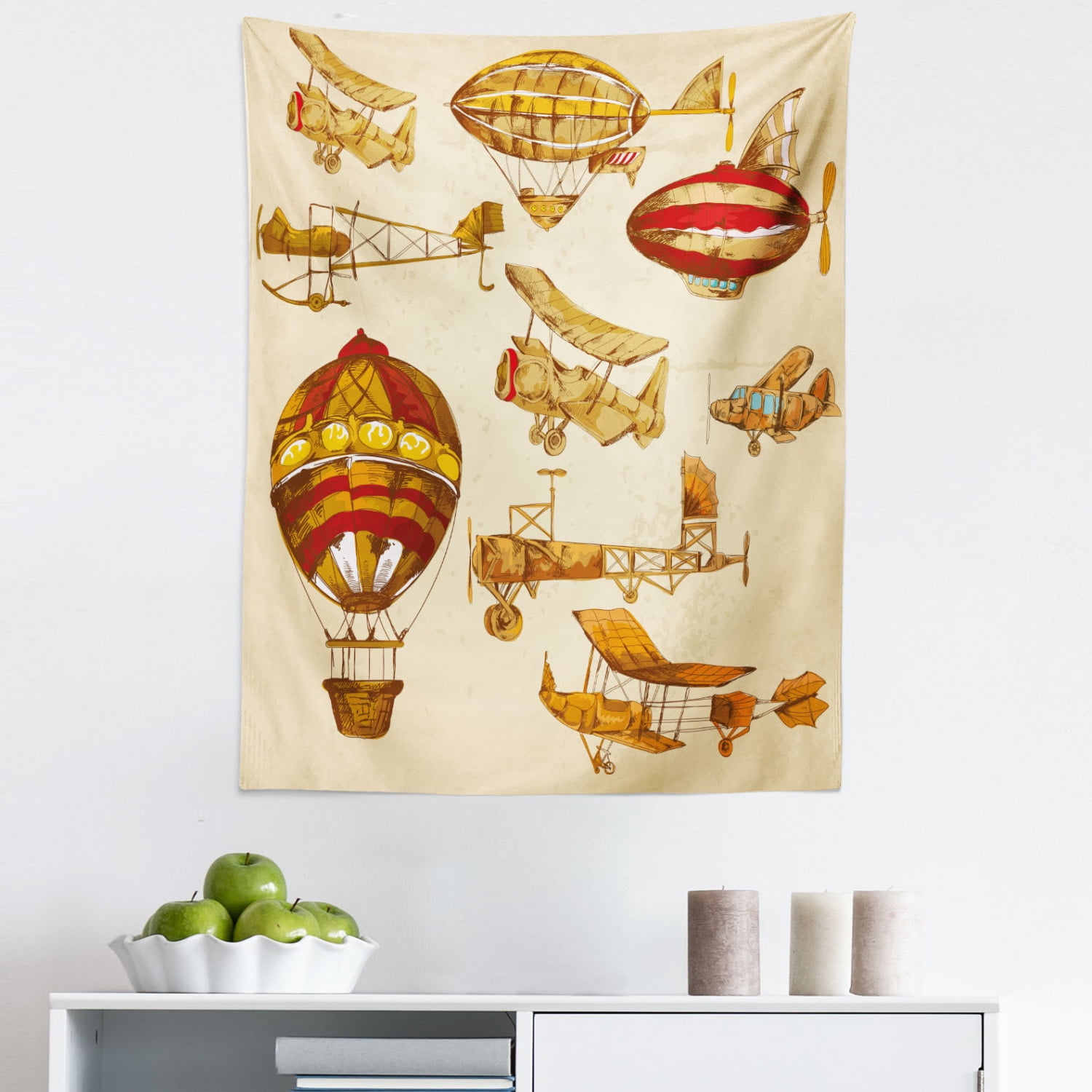 Aviation Tapestry, Vintage Old Flying Objects Hot Baloons Planes ...