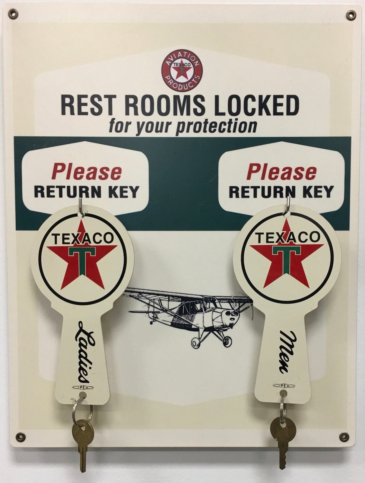 Repro 1950s Nostalgic Texaco Aviation Restroom Key Fob Hanger with Fobs ...