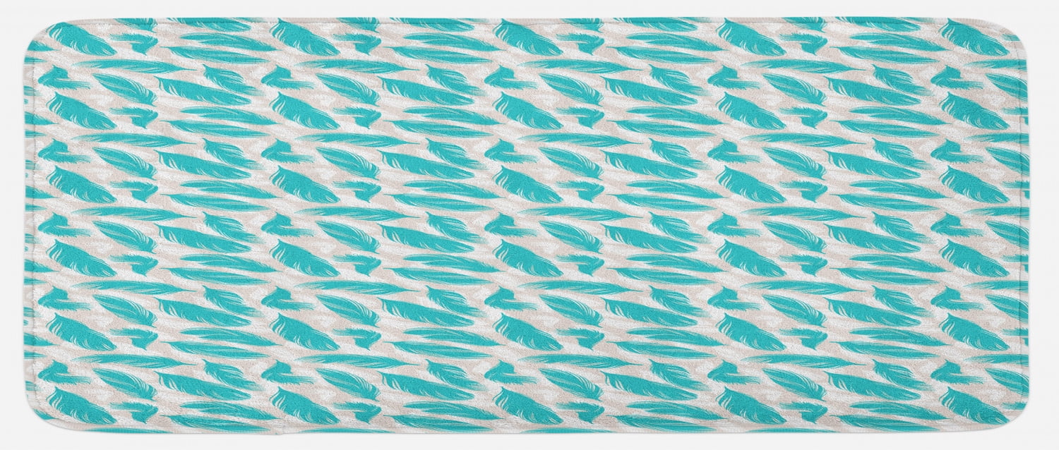 Turquoise Kitchen Mat, Quills Design Bird Feathers Abstract Animal ...