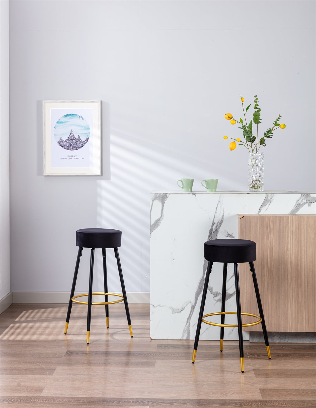 JINS&VICO Bar Stools Set of 2,Velvet Upholstered Round Bar Chairs with ...