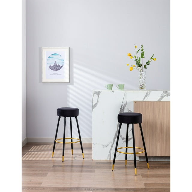 JINS&VICO Bar Stools Set of 2,Velvet Upholstered Round Bar Chairs with ...